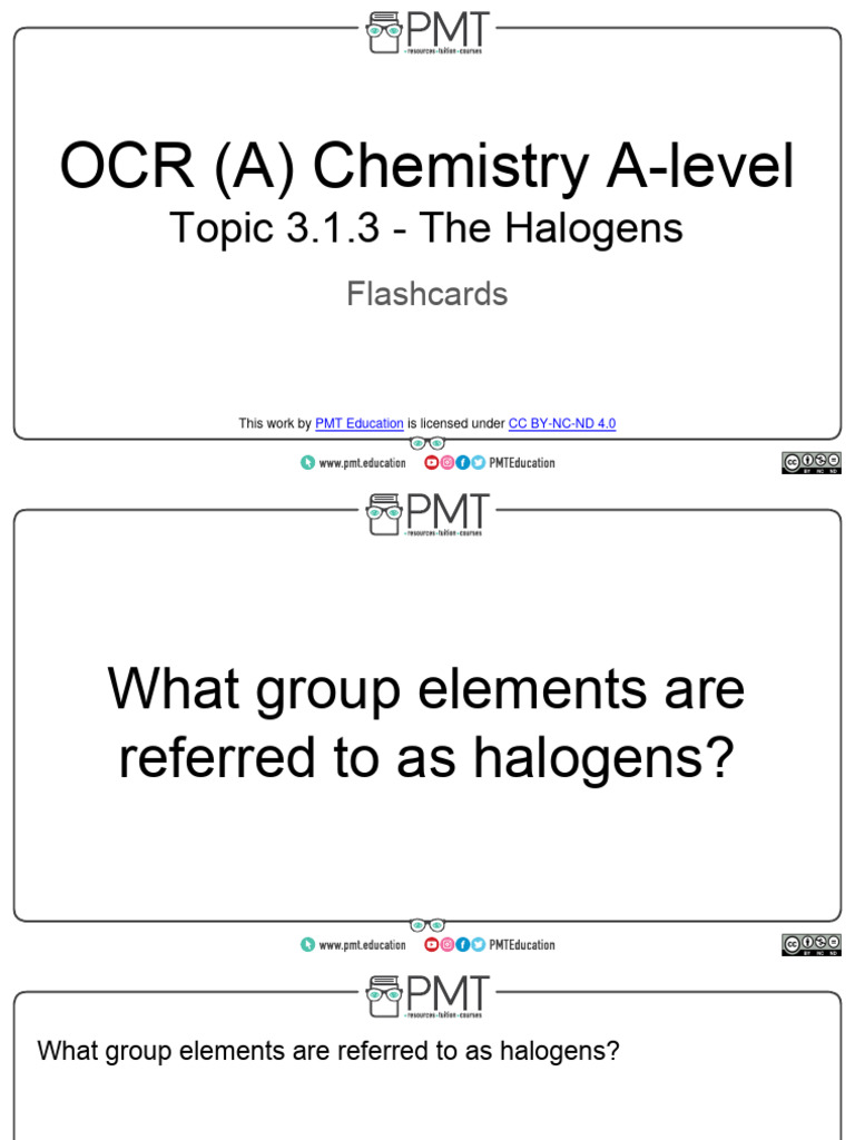 Flashcards - Topic 3.1.3 The Halogens - OCR (A) Chemistry A-Level | PDF | Chlorine | Redox
