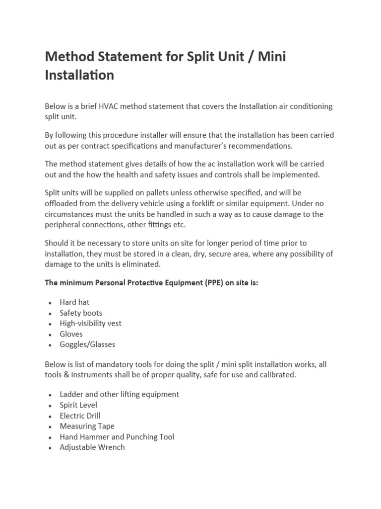 Method Statement For Split Unit | PDF | Pipe (Fluid Conveyance) | Equipment