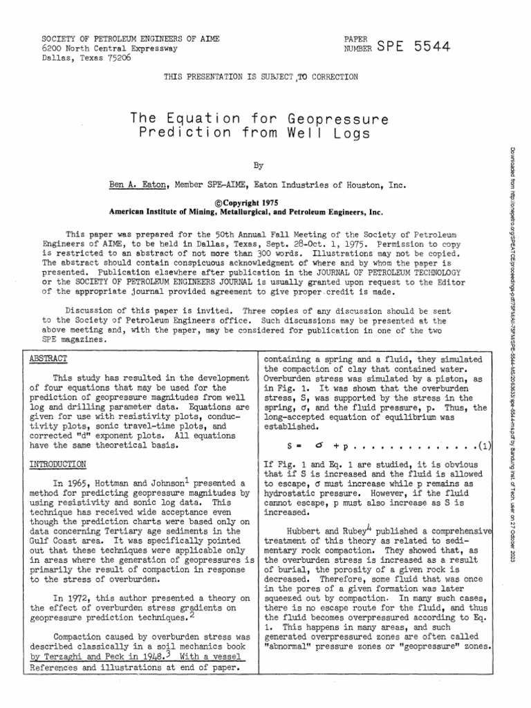 Spe-5544-Ms (The Equation For Geopressure Prediction From Well Logs ...