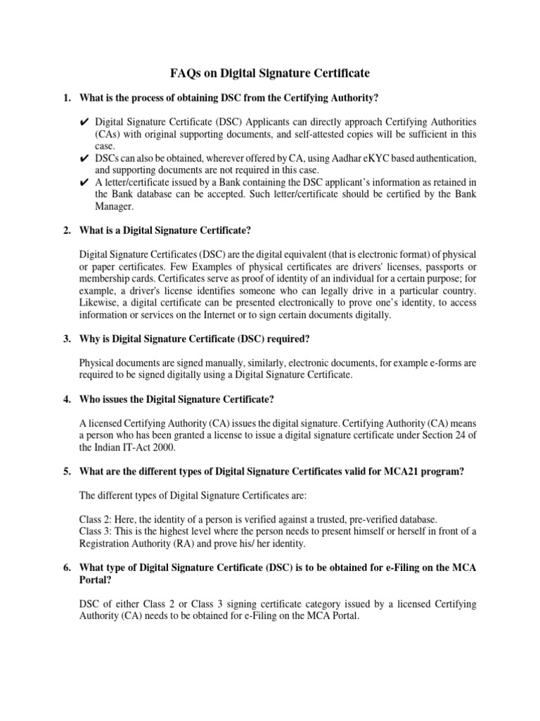 FAQs Digital Signature Certificate MCA | PDF | Public Key Certificate ...