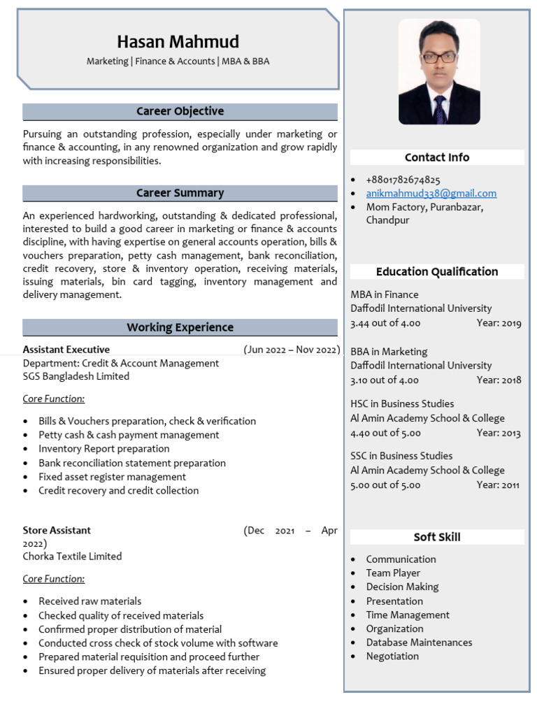 Standard CV - HASAN MAHMUD | PDF | Inventory | Credit