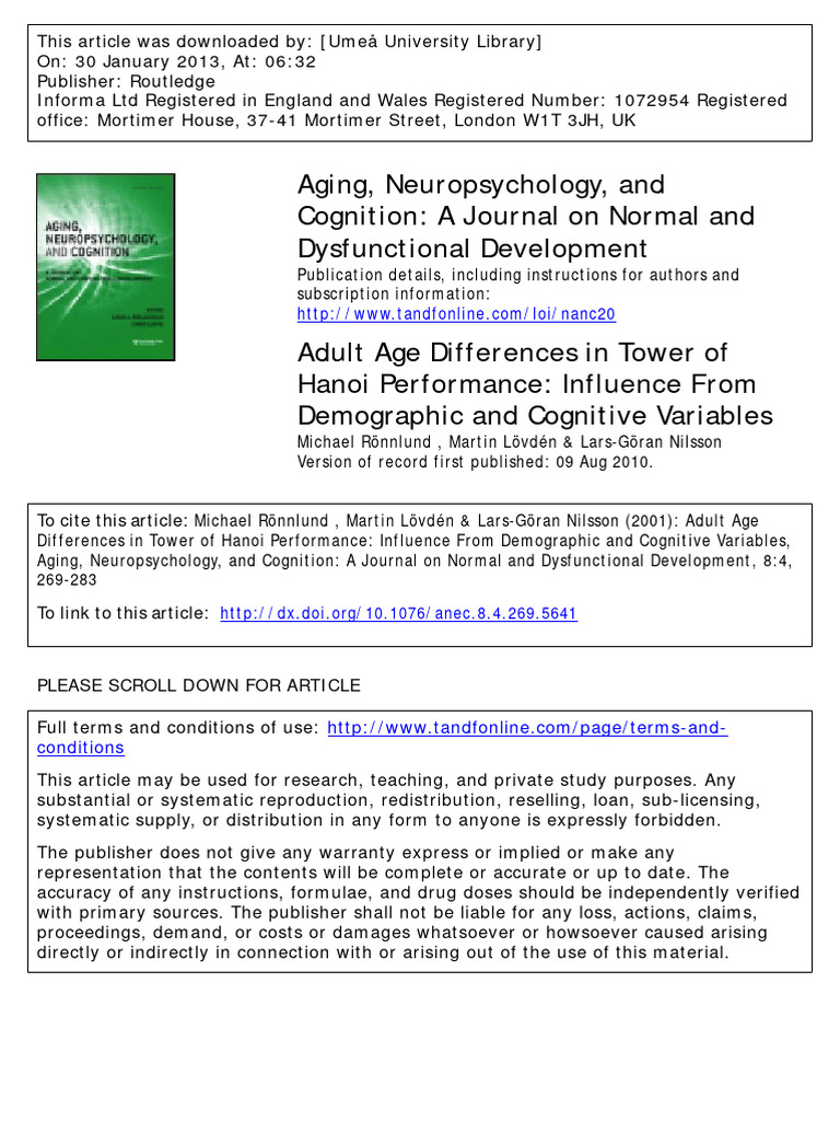 Adult Age Differences in Tower of Hanoi Performance: Influence From Demographic and Cognitive ...