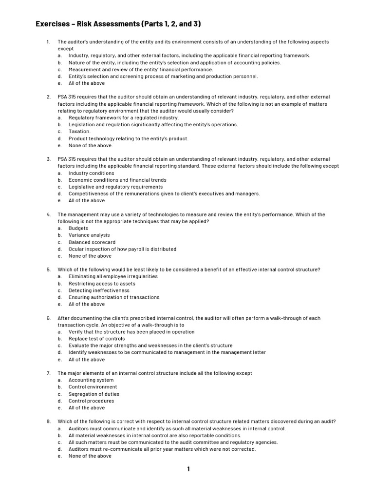 Exercises - Risk Assessment Parts 1,2,3 | PDF | Internal Control | Audit