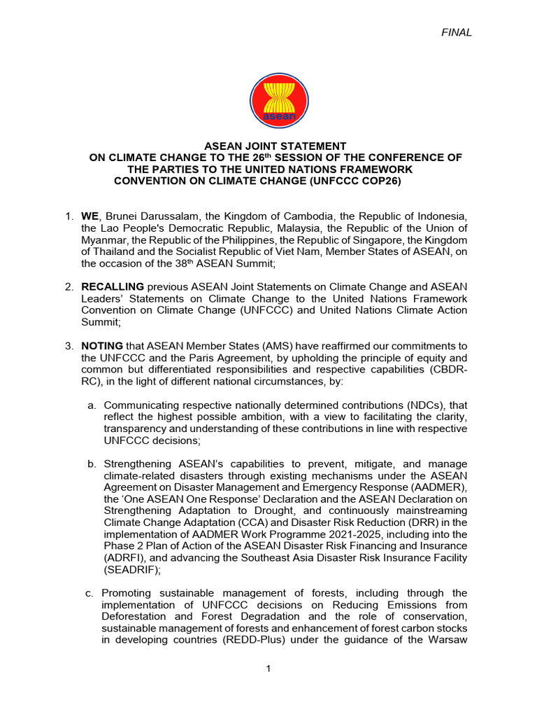 ASEAN Joint Statement To COP26 | PDF | Climate Change ...