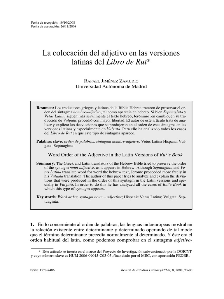 Dialnet La Colocacion Del Adjetivo En Las Versiones Latinas Del Libro de Rut | PDF ...