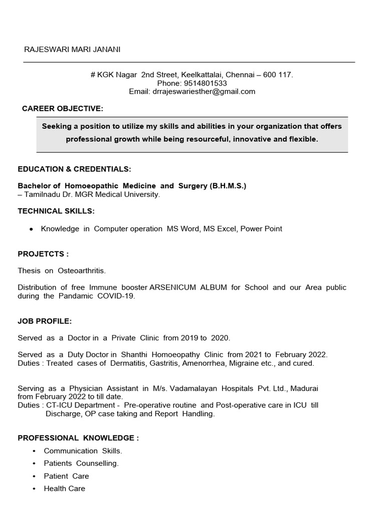 C V - Raji | PDF | Health Care | Patient