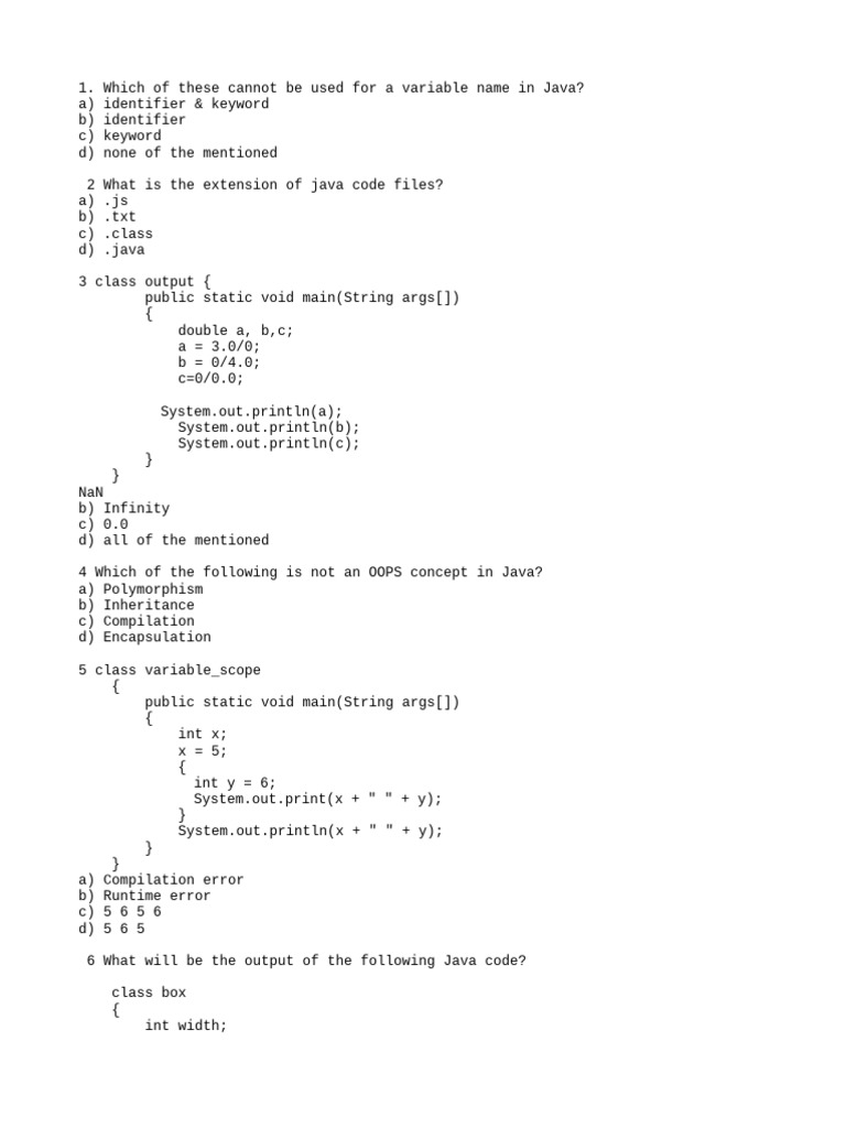 Java mcqs | PDF | Integer (Computer Science) | Class (Computer Programming)