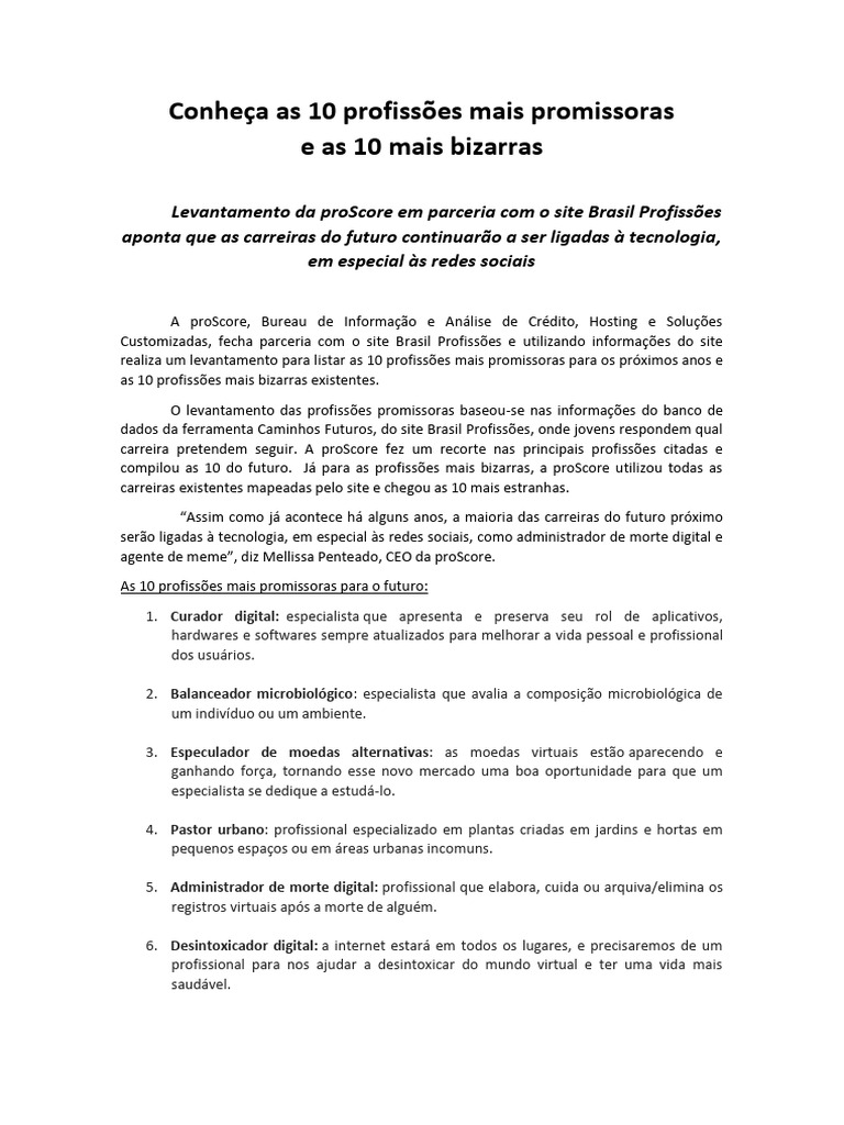 Conheca As 10 Profissoes Mais Promissoras e As 10 Mais Bizarras | PDF ... Conheca As 10 Profissoes Mais Promissoras e As 10 Mais Bizarras | PDF ...
