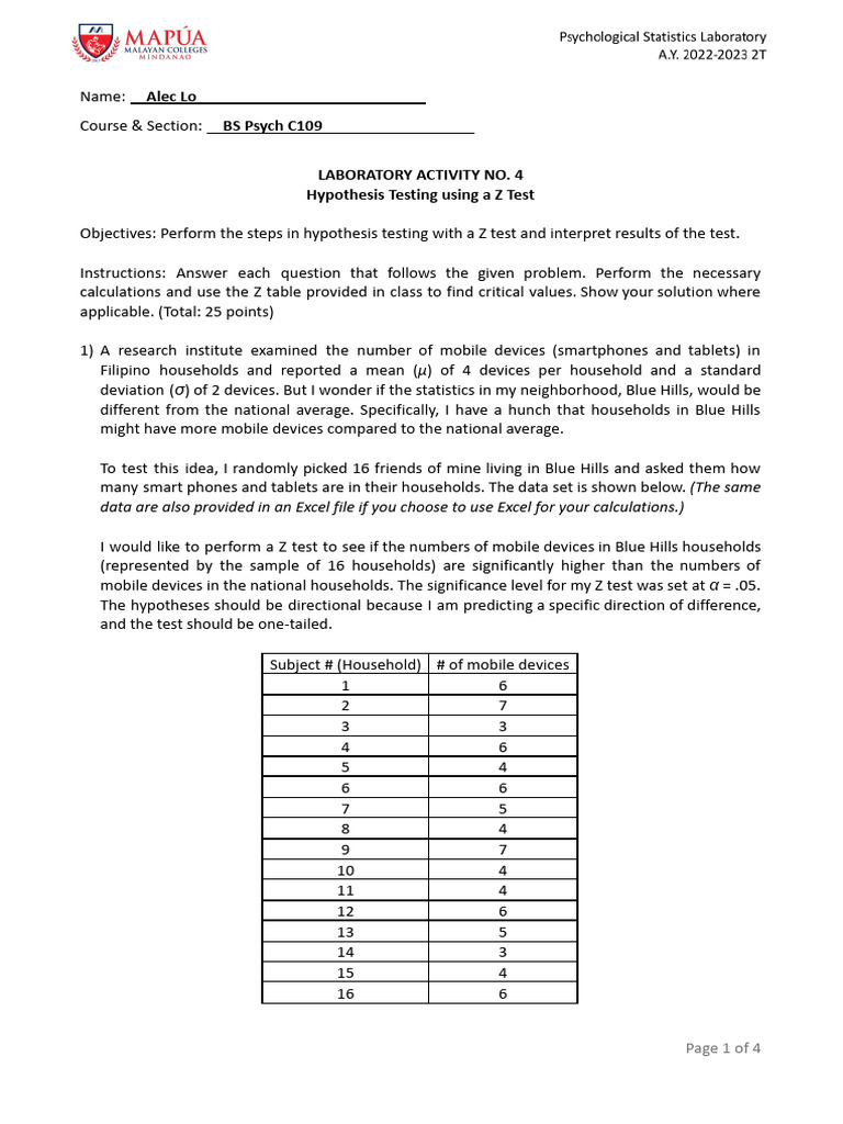 Psych Stat Lab Activity No.4 | PDF | Statistical Hypothesis Testing ...