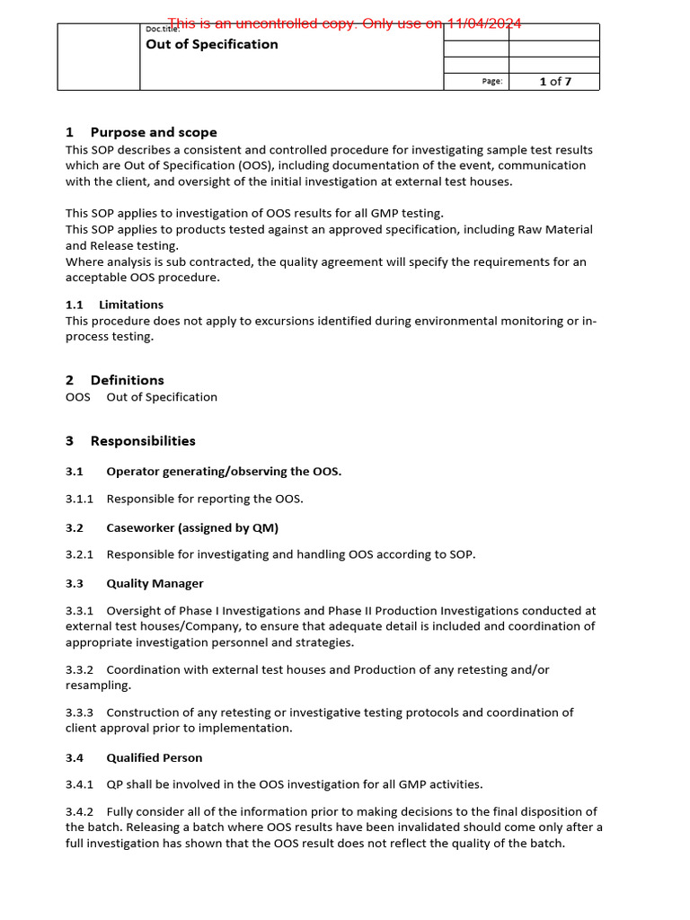 Out of Specification-014 | PDF | Specification (Technical Standard) | Assay