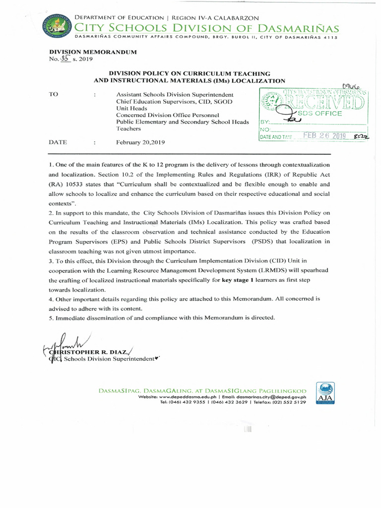 0966 - Division Memorandum No. 35, S. 2019 | PDF | Curriculum | Learning
