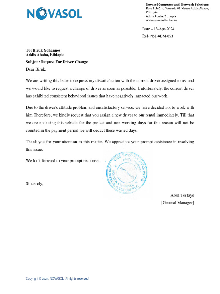 Letter For Driver Change Request | PDF