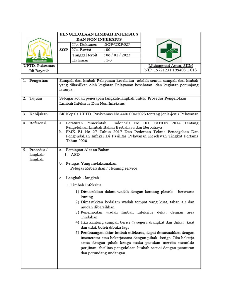 SOP Pengelolaan Limbah Infeksius Dan Non Infeksius | PDF