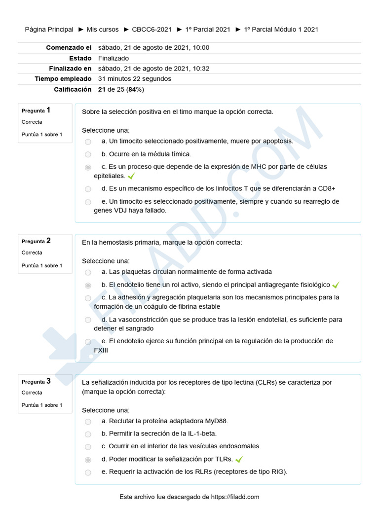 INMUNO 1 Parcial Modulo 1 2021 - Con Respuestas | PDF | Biología | Biología Celular