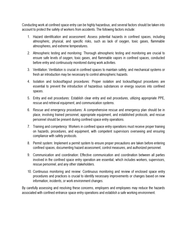 Confined Entry Space Pdf Hazards Safety