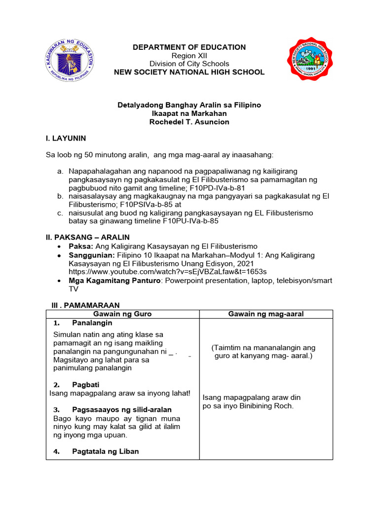 Detalyadong Banghay Aralin Sa Filipino Week 1 | PDF