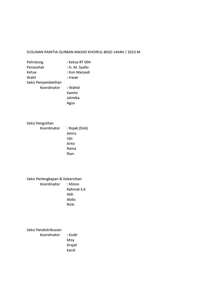 Susunan Panitia Qurban Masjid Khoirul Biqo 1444h | PDF