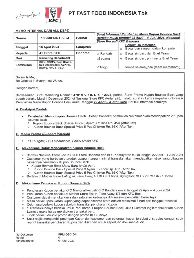 Surat Informasi Perubahan Menu Kupon Bounce Back Berlaku Mulai tanggal 22 April - 4 Juni 2024 ...