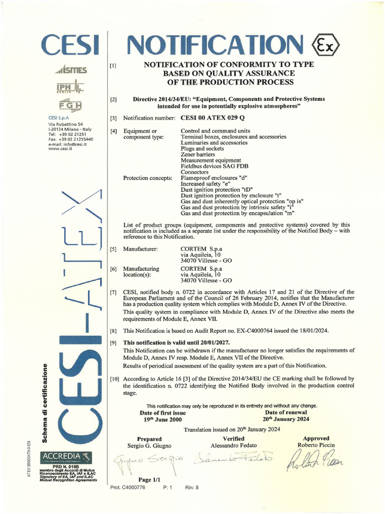 Production Quality Assurance Notification ATEX IECEx Cortem | PDF ...