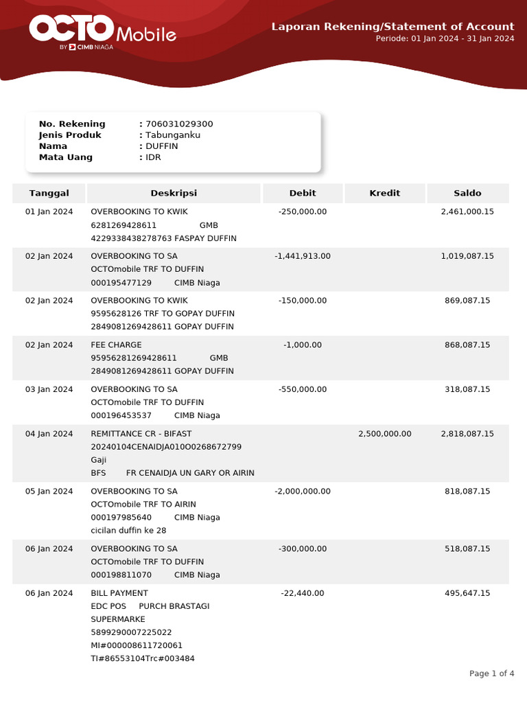 January 2024 Account Statement Summary | PDF | Banking | Service Industries