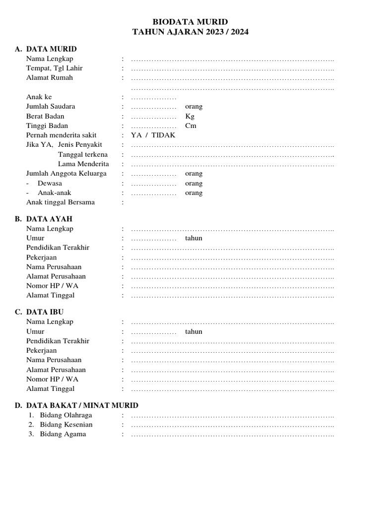 Form Daftar Ulang 2023-2024 | PDF