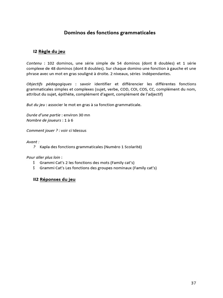 Dominos Grammaticales: Règles et Objectifs | PDF | Complément d'objet ...