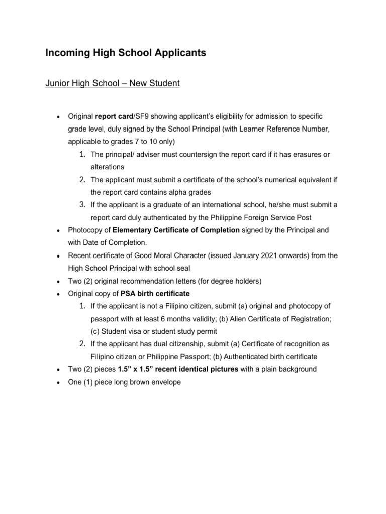 High School Enrollment Requirements | PDF | Birth Certificate | Passport