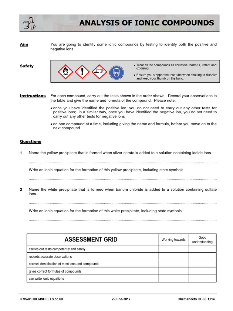 Chemsheets GCSE 1214 Practical 34 Analysis of Ionic Compounds ...
