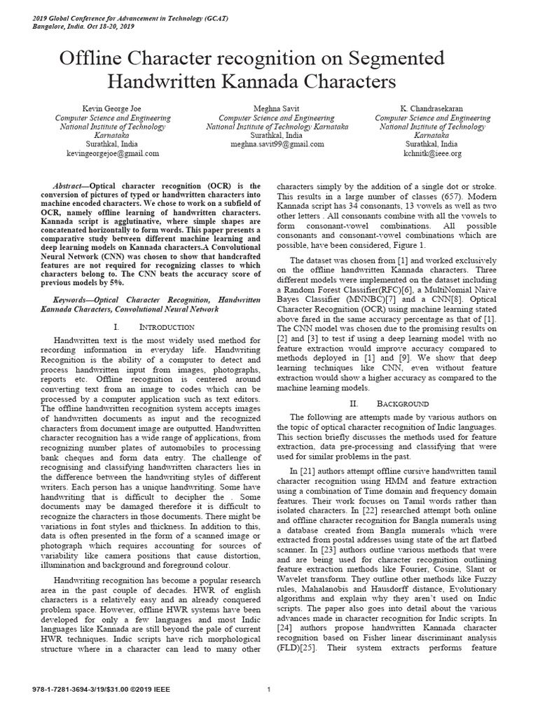 Offline OCR for Handwritten Kannada Characters | PDF | Optical ...
