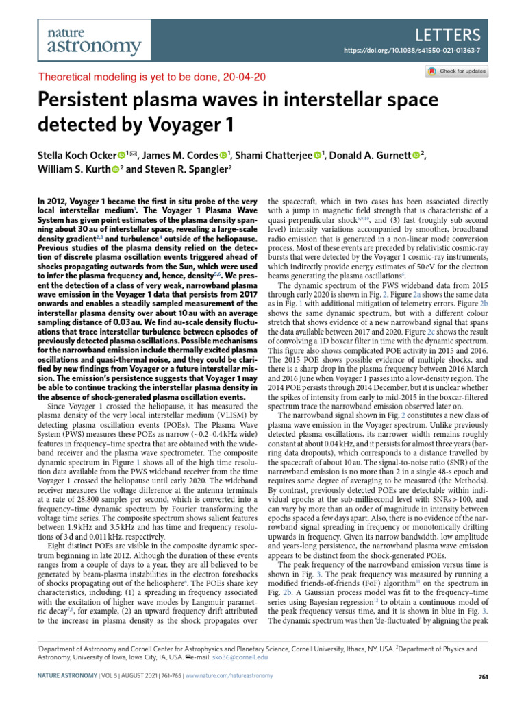 Voyager 1's Persistent Plasma Waves | PDF | Spectral Density | Interstellar Medium