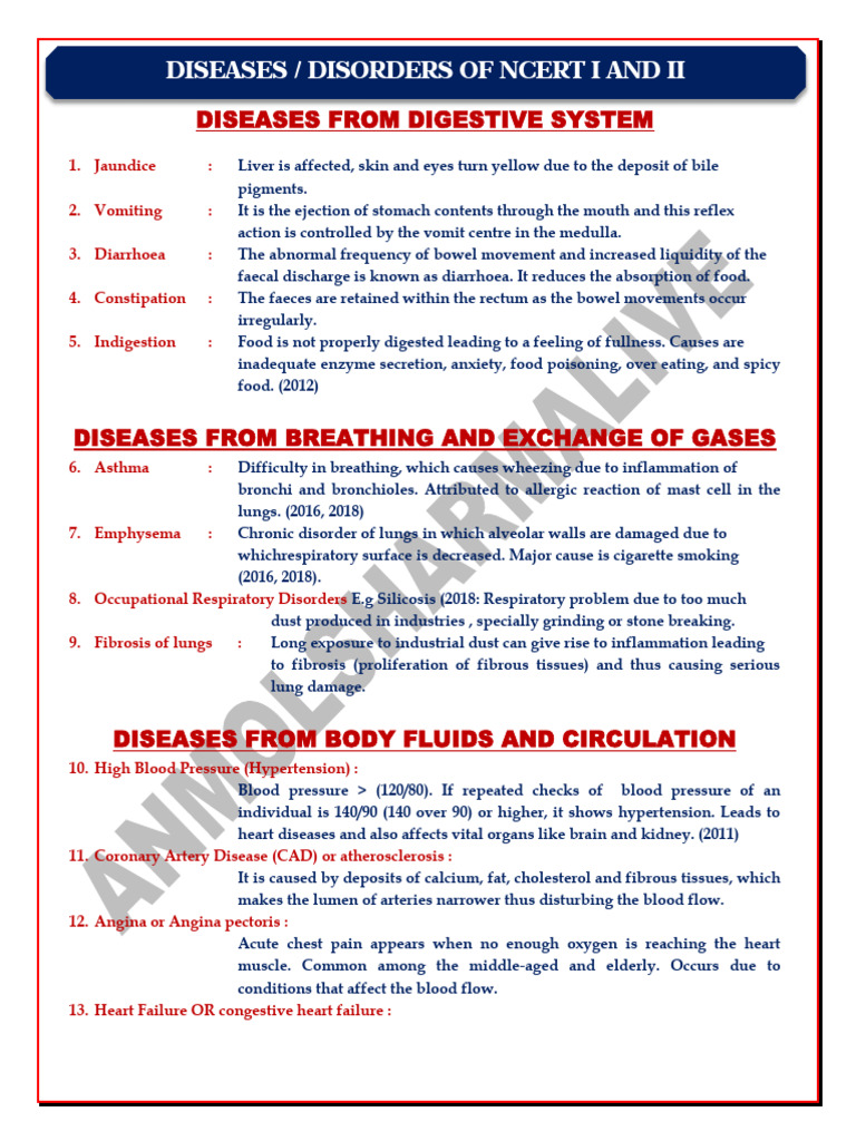 QUICK OVERVIEW of DISEASESDISORDERS OF NCERT I AND II | PDF | Heart ...