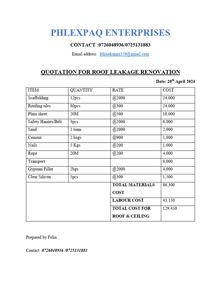 Quotation For Roof Leakage Renovation | PDF | Structural Engineering | Materials