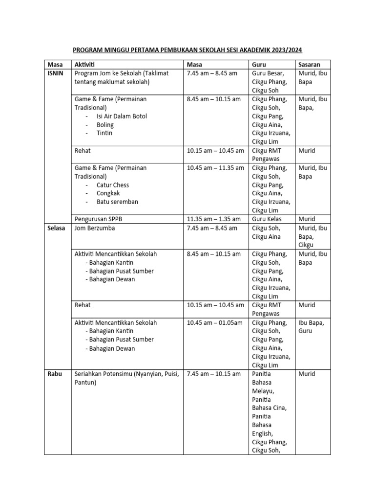 Program Minggu Pertama 2023 | PDF