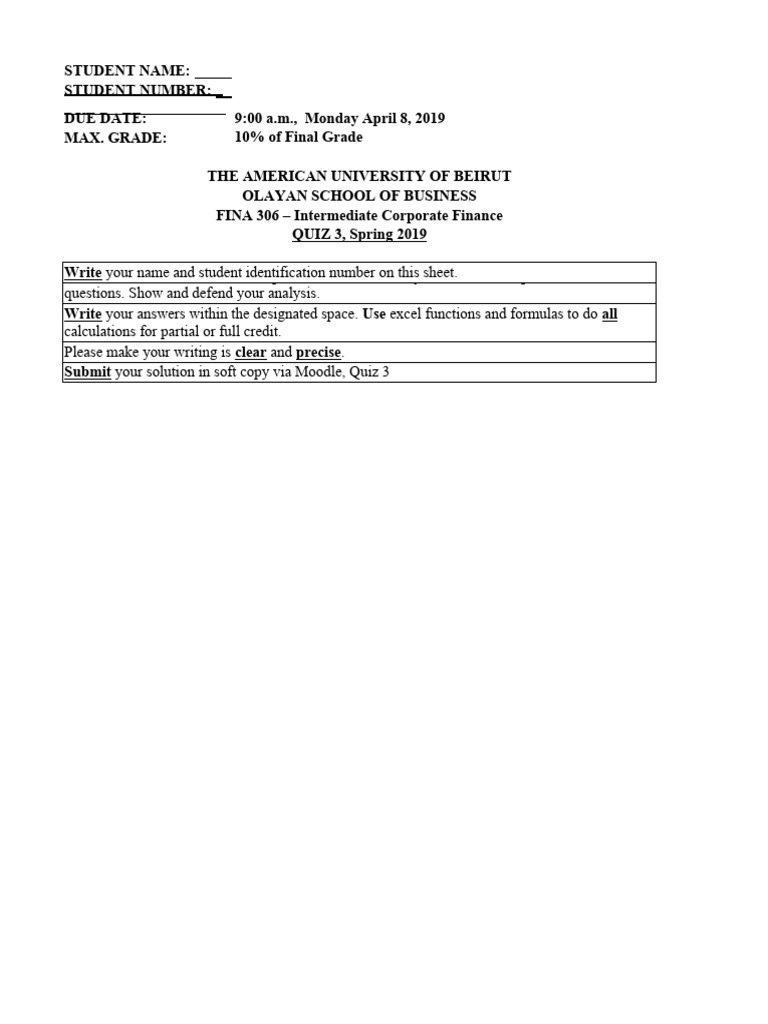 Quiz 3 Cap Budgeting Cap Structure Valuation Expanded Student Version ...