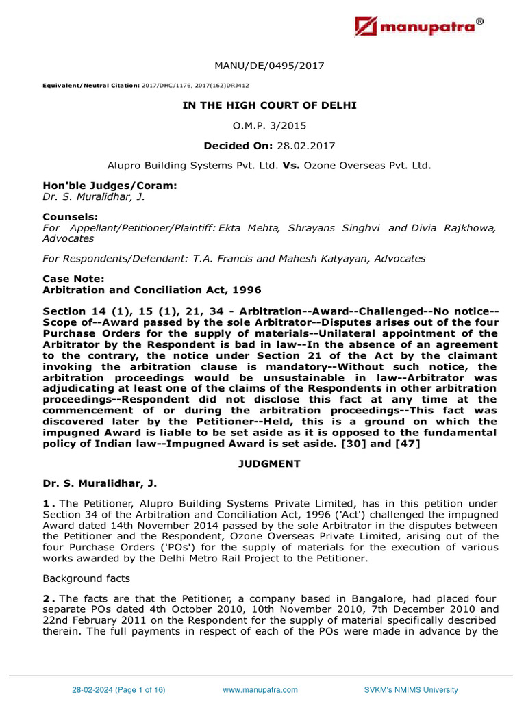 Alupro Building Systems PVT LTD Vs Ozone Overseas | PDF | Arbitration ...