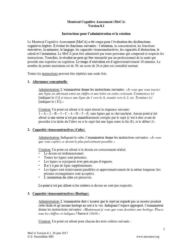 MoCA Version 8.1 - Passation | PDF