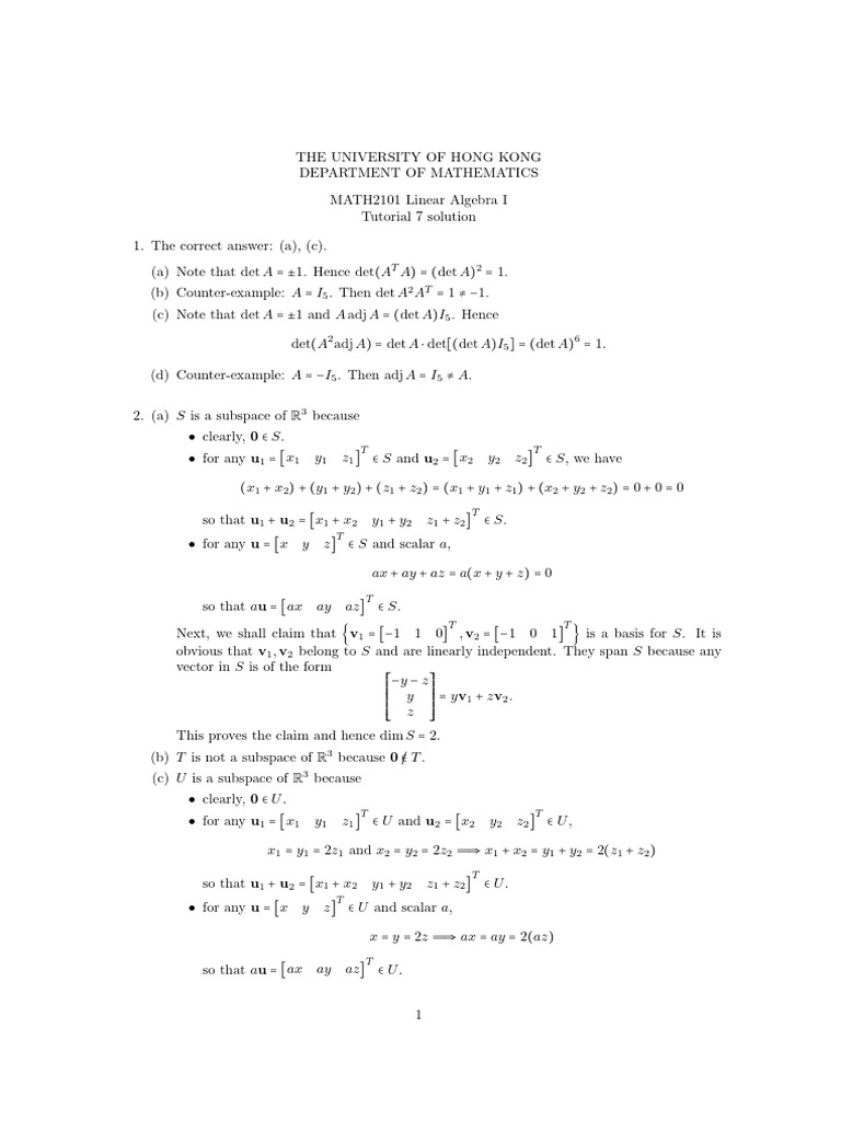 Tutorial 7 Soln | PDF | Linear Subspace | Algebra