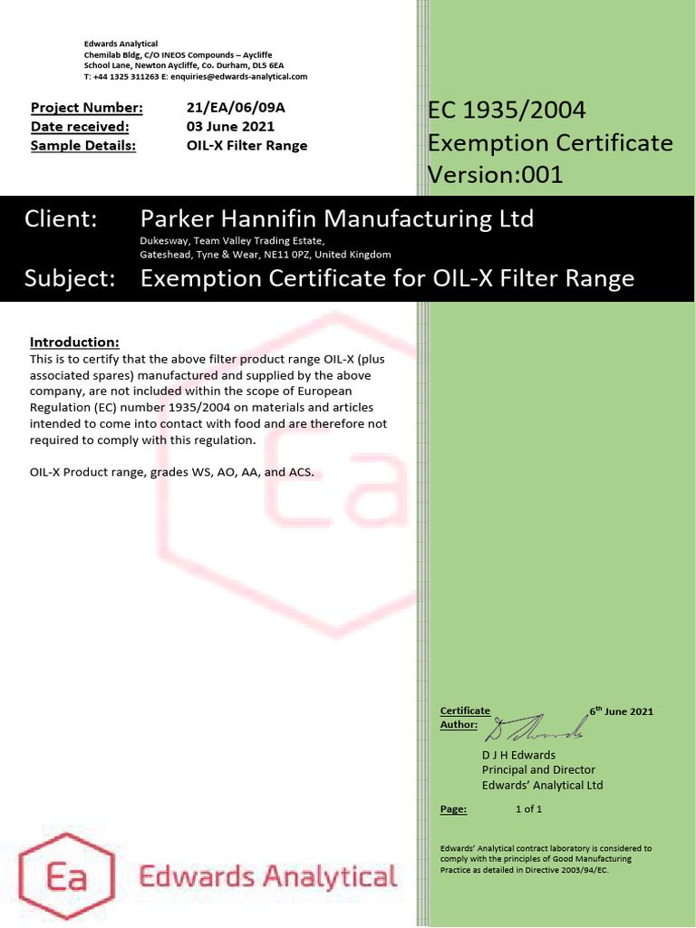 CERTIFICADO PARKER | PDF | Filtration | Particulates