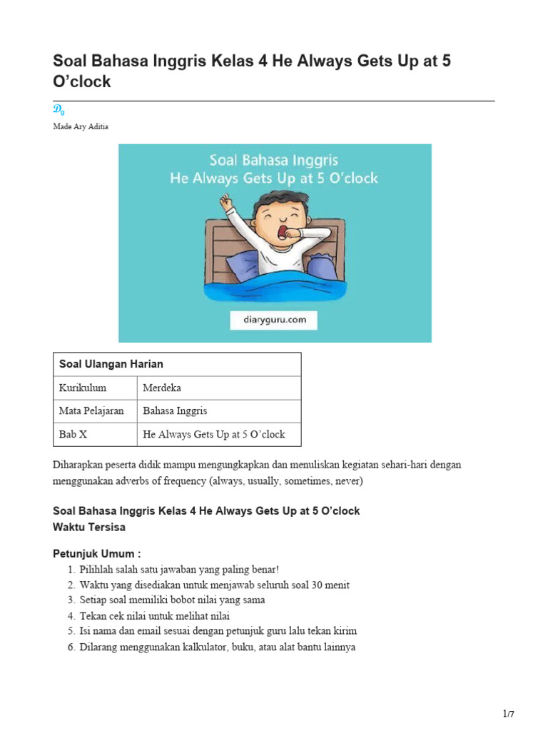 Soal Bahasa Inggris Kelas 4 He Always Gets Up at 5 Oclock | PDF