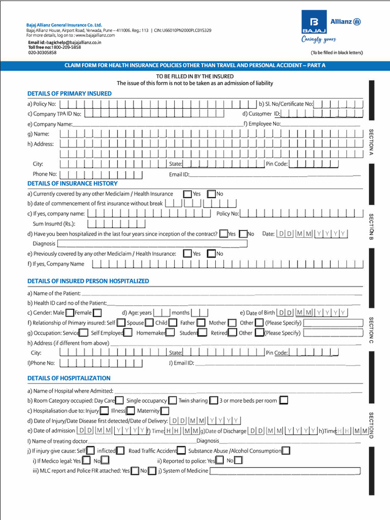 Bajaj Allianz Claim Form Part A and Part B | PDF | Hospital | Medicine