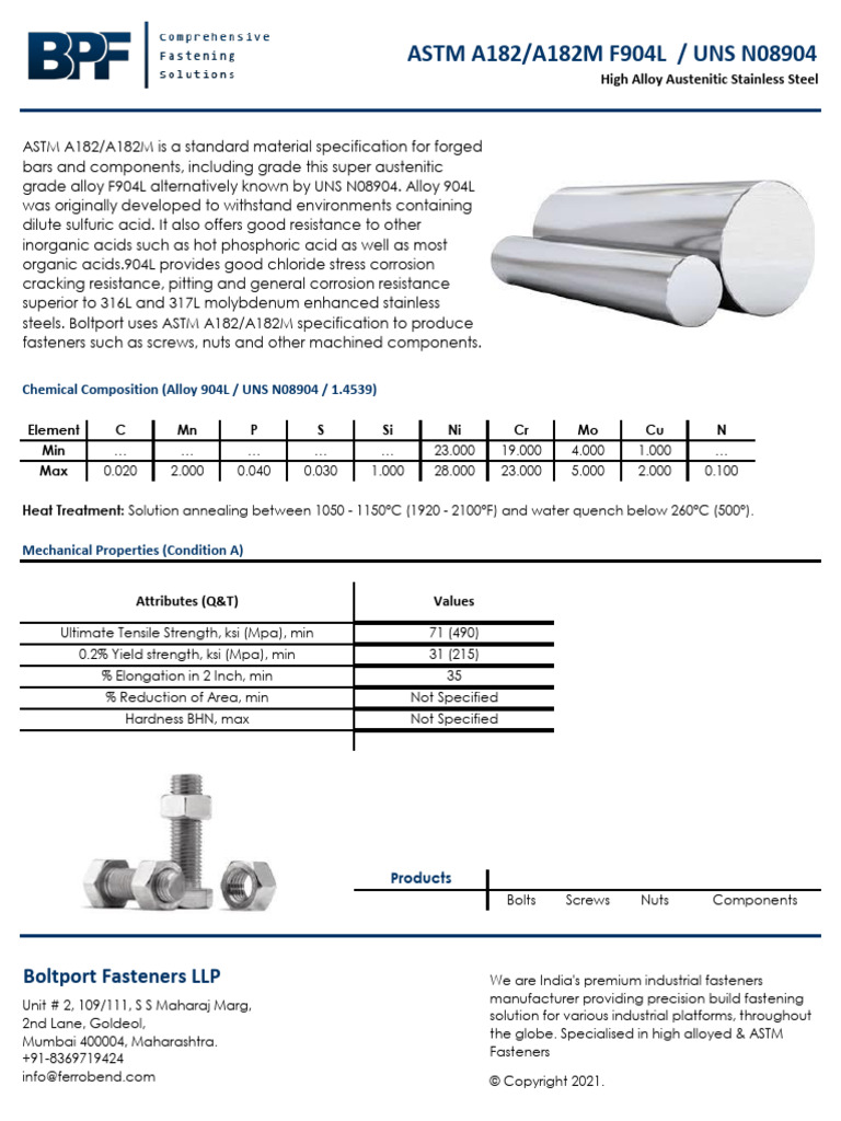 Astm A182 A182m f904l | PDF | Stainless Steel | Screw