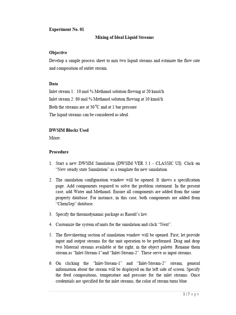 Experiment No. 1 - Mixing of Ideal Liquid Streams | PDF | Liquids ...