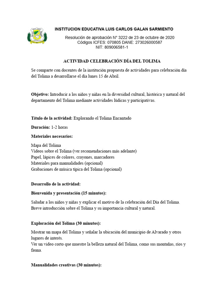 Celebración del Día del Tolima 2023 | PDF | Ciencias sociales | Viajes ...