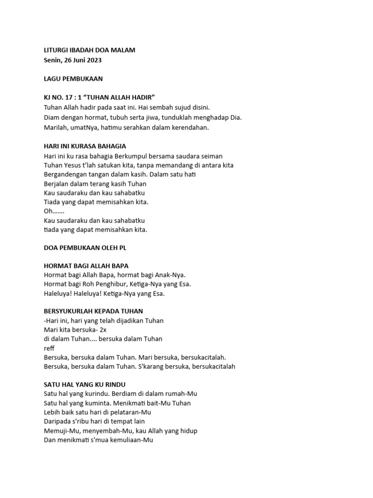 Liturgi Ibadah Doa Malam 26 Juni 2023 | PDF | Agama & Spiritualitas | Puisi