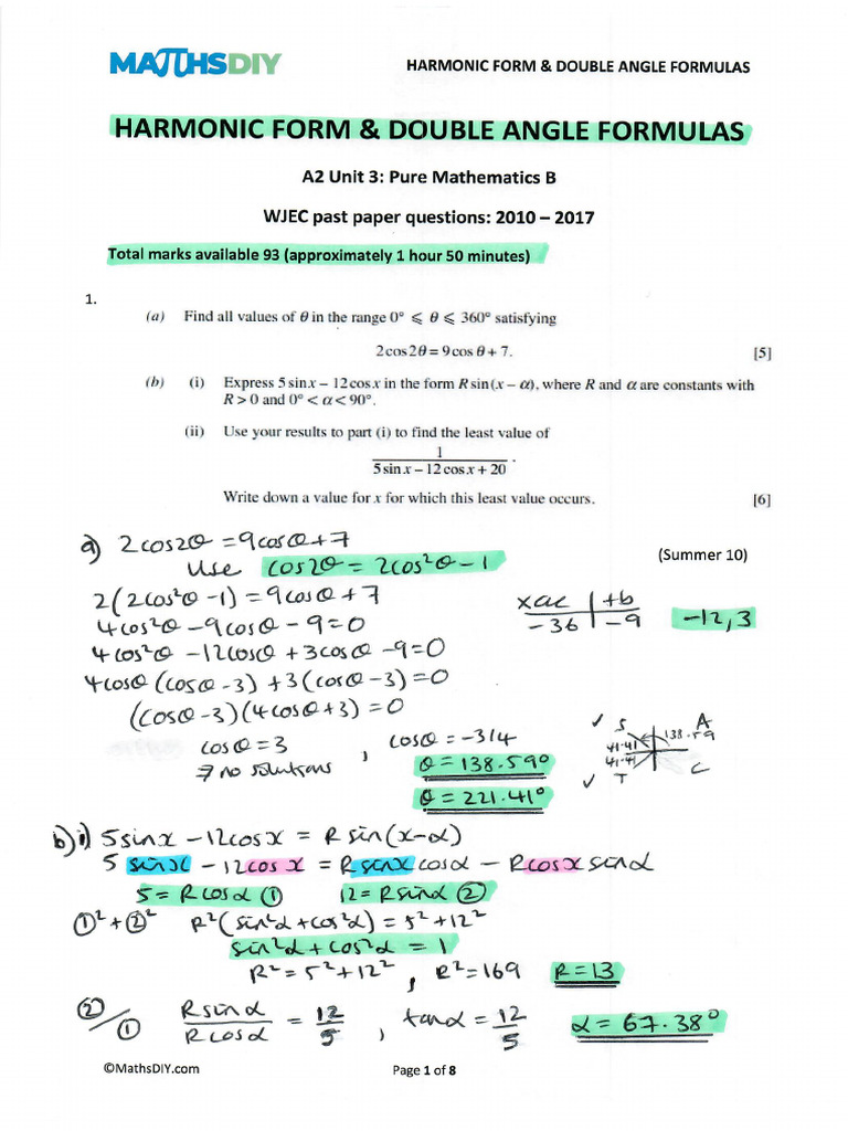 Harmonic Form Double Angle Formulas Teacher Solutions Answers | PDF