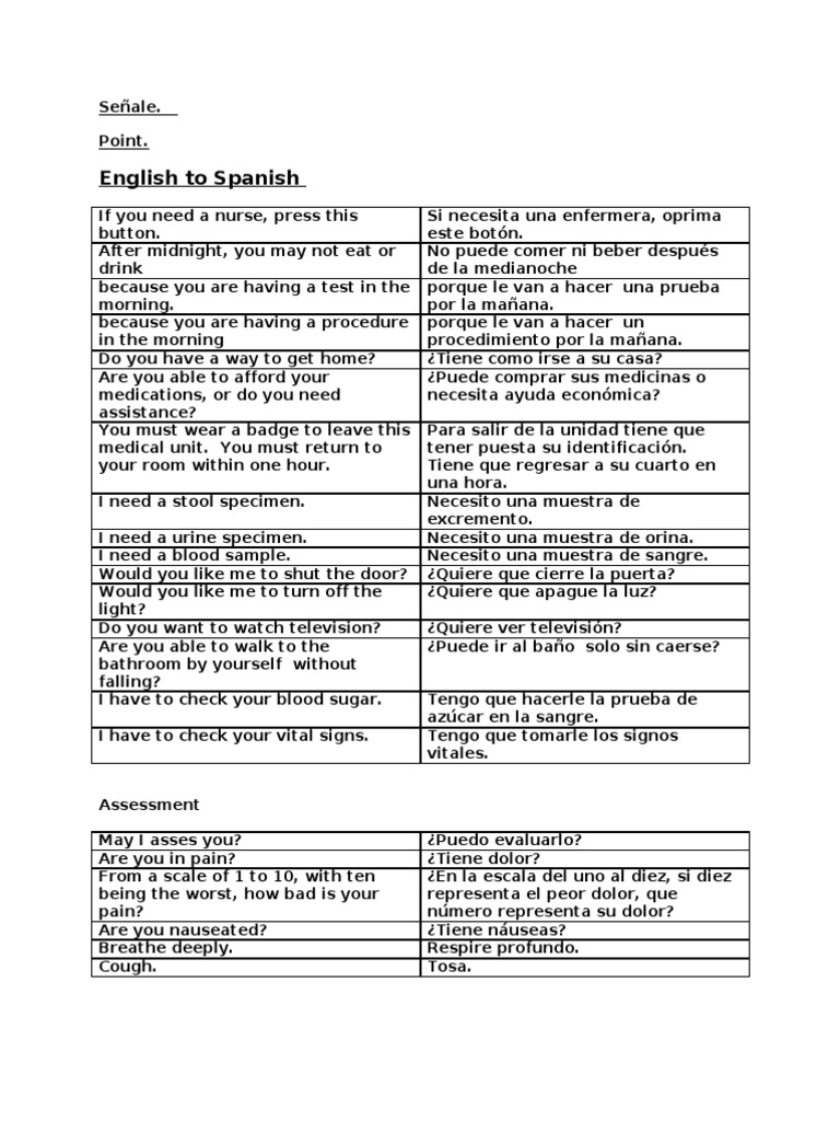 Medical Spanish Translation Card | PDF | Ocio | Entretenimiento (general)