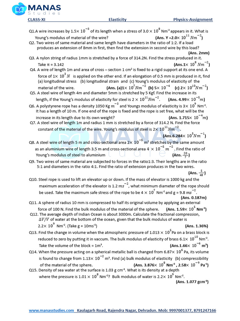 Class-Xi Elasticity Physics-Assignment | PDF | Young's Modulus ...