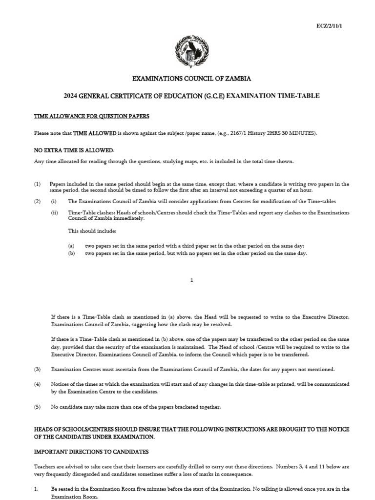 2024 - GCE TIME TABLE - Bs - F | PDF | Multiple Choice
