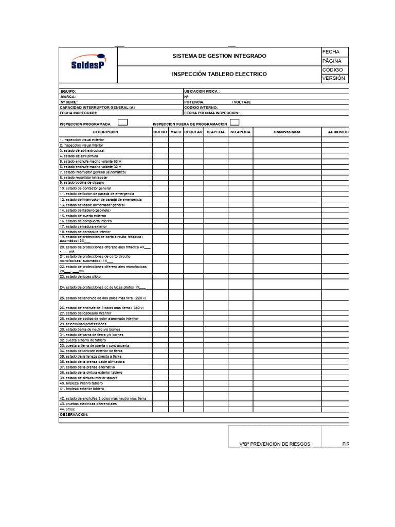 Reg-Prev-040-Corp-Registro Inspección Tableros Electricos | PDF ...