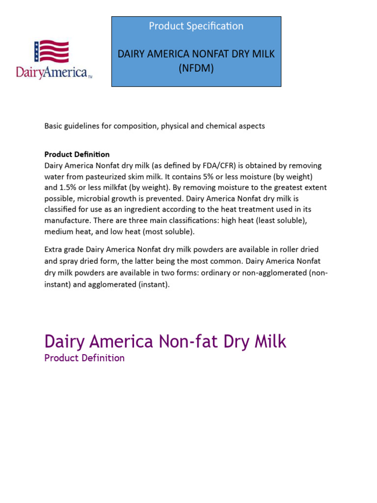 Dairy America Nonfat Dry Milk Specification | PDF | Powdered Milk | Milk